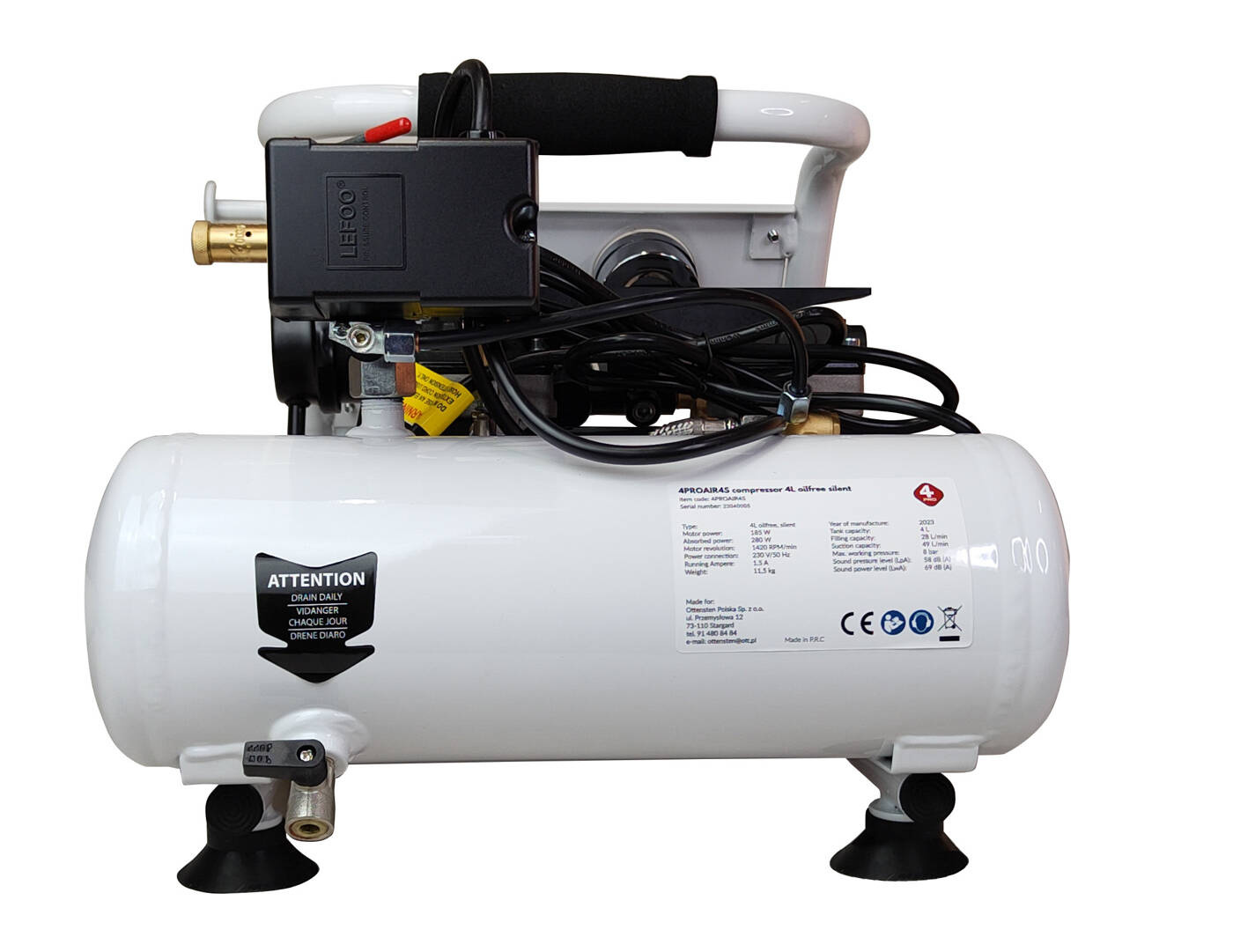 Kompresor bezolejowy 4PROAIR4S 4litry 8 BAR cichy 58dB